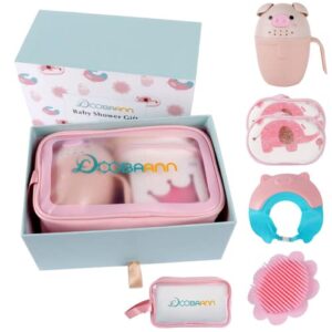 doobaann baby bath set,silicone bath brush,baby shower cap,bath rinse cup,baby bath sponge(pink)