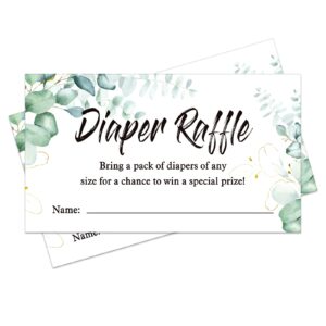 xjf diaper raffle tickets for baby showers 2 inchesx 3.5 inches baby shower game cards with name line greenery invitations insert cards for boys or girls baby shower 50 pack, white, bs-cjk-1