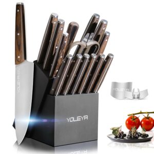 yoleya kitchen knife set, 15pcs chef knife sets for kitchen with block wooden triple rivets german high carbon stainless classic style full tang