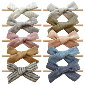 cherssy baby girl 100% original linen bows headbands, 10pcs super stretchy nylon hairbands for newborn infant toddler