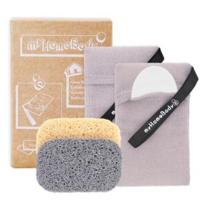 myhomebody soap pocket exfoliating soap saver pouch, body scrubber sponge, exfoliator for bath or shower, for large bar soap or leftover bits, white smoke, 2 pack + 2 soap lifting pads