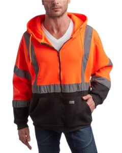 bass creek outfitters men's fleece zip up hoodie sweatshirt - ansi/isea class 3 high visibility safety workwear (m-2xl), size x-large, high vis orange