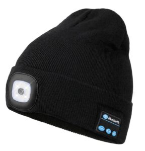 wmcaps bluetooth beanie with a light, unisex usb rechargeable 4 led fashlight hat with cordless headphones, unique christmas birthday gifts for men him husband teen black