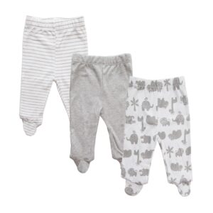 spasilk baby boys' cotton pull on footed pants, pack of 3, gray animals, 3 months