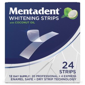 mentadent teeth whitening strips - 24 strips (12 day treatment) with coconut oil for sensitive teeth & gum, enamel safe, non-slip technology, teeth whitening for stains of coffee, smoking, no parabens