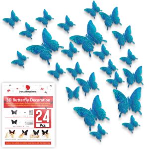 decalmasters 24pcs blue glitter 3d butterfly wall decals - 3 sizes butterflies decor for wall removable mural stickers home, party, cake and room decoration, bedroom decor diy gift (blue glitter, 24)