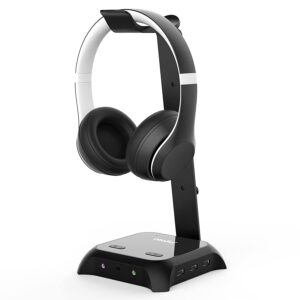 atolla multifunctional headphone stand, usb hub with headphone stand, powered usb hub with 6 usb ports, 3.5mm aux ports with on/off switches, and 12v/2.5a power adapter