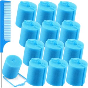 syhood 12 pcs jumbo foam sponge hair rollers 1.89 inch soft sleeping curlers flexible large foam rollers and rat tail comb for hair styling(blue)