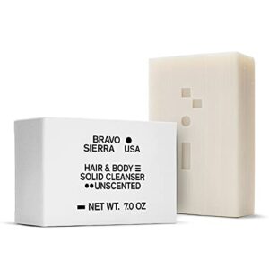 bravo sierra body and hair mens soap bar all-in-one shampoo & soap for men's face, hair & body - fragrance free, 7 oz - coconut, shea butter and oat flour for soft skin and healthy hair