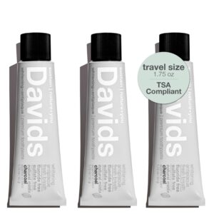 davids whitening charcoal travel toothpaste, antiplaque, fluoride free, peppermint, 1.75 oz, tsa approved travel size (3 pack)