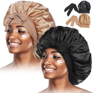 2pcs satin bonnet for black women,satin hair tie bonnet,jumbo curly hair silky bonnet,soft head scarf wrap hair bonnet with tie band,adjustable braids bonnet sleep cap for long curly hair(black&khaki)