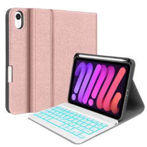 pimofee ipad mini 6 case with keyboard 2021 8.3"- backlit keyboard case thin slim smart with detachable wireless backlit keyboard with pencil holder for ipad mini 6th generation 8.3" 2021,rose gold