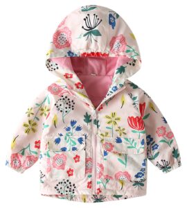 little girls jackets fleece lined hooded light-waterproof windbreaker trench coat toddler baby cartoon printed softshell hoodies outdoor outwear zip up dust coat for kids beige floral 4-5t