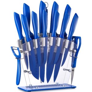 knife set, no rust 16 pieces knives set, knife block set with easy clean acrylic stand, super sharp kitchen knife set with a vegetable peeler, blue