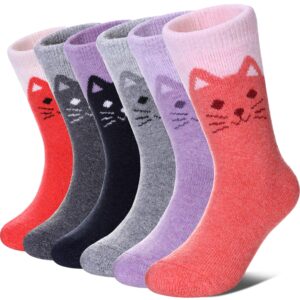 mqelong wool socks for kids boys girls winter warm wool hiking thick boot cozy crew socks 6 pairs (6 pairs cat, 4-7 years)