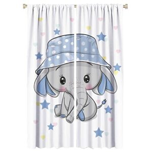 denruny cartoon cute elephant curtain nursery baby elephant with blue hat windows drapes for nursery room kids room gifts for boys and girls rod pocket 2 panels 63l x 21w