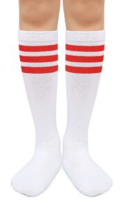 henwarry kids toddler soccer socks classical stripes cotton soft over the calf tube socks for boys girls (a05-red/white)