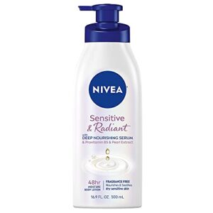 nivea sensitive and radiant body lotion for sensitive skin, unscented body lotion with hypoallergenic formula, 16.9 fl oz pump bottle