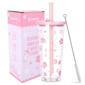 colnic reusable boba cup with lids and straws, 24oz/700ml smoothie /iced coffee cup, leakproof kawaii cup tumbler with boba reusable straw,double wall clear insulated bubble tea cup