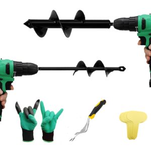 auger drill bit for planting - 3''x12'' and 1.6''x9'' garden auger spiral drill bit garden auger auger bit for planting - with garden gloves, a hand weeder and planting name tags.