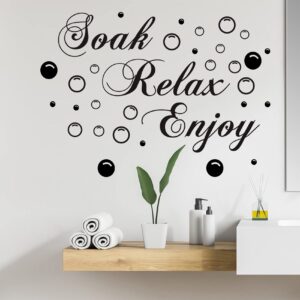 bathroom wall stickers, black soak relax enjoy quotes stickers with bubble decals, beautiful wall art words peel and stick stickers for home bathroom decor