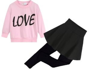 ddsol toddler little girl clothes set valentine outfit pink love heart long sleeve sweatshirt top and pant with legging skirt kid fall clothing 2pcs size 7/8