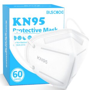 blscode kn95 face mask 60 pack white,individually wrapped 5-layer breathable mask with comfortable elastic ear loops,filter efficiency≥95%