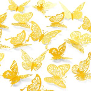 3d butterfly wall decor, 48 pcs 4 styles 3 sizes, removable butterfly wall stickers gold butterflies for party cake decorations kids bedroom nursery classroom wedding decor diy gift (gold)