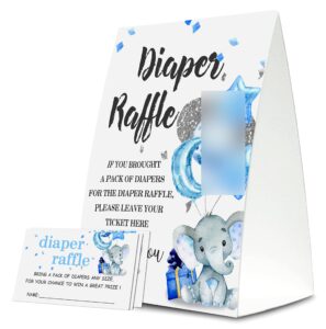 diaper raffle tickets for shower, blue elephant themed cards,party favors for showers game cards, 1 sign & 50 cards per pack – (bb006-niaobu)