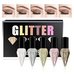 erinde liquid glitter eyeliner colorful set - 5 colors metallic shimmer silver white gold diamond eye liner, long lasting glow eyeliner eye shadow, glittering eyeliner korean makeup make eyes sparkle