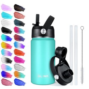 glink 12oz kids stainless steel water bottle with straw, wide mouth double wall vacuum insulated water bottle leakproof for toddler, straw lid and spout lid with new rotating rubber - turquoise