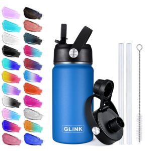 glink 12oz kids stainless steel water bottle with straw, wide mouth double wall vacuum insulated water bottle leakproof for toddler, straw lid and spout lid with new rotating rubber - sapphire