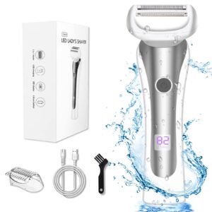 electric shaver for women legs, painless lady's bikini trimmer body hair removal, waterproof 3-in-1 blade hair razor epilator with led display for arm armpit chin bikini area & upper lip (white)