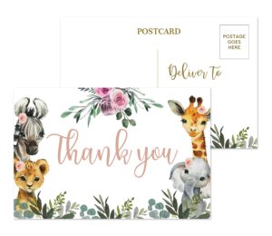 yuansail safari baby shower thank you postcards, jungle animal floral appreciation post cards, 25 cards – (bb002-ganxie)