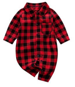 agqt toddler boys christmas romper red plaid suit long sleeve xmas t-shirt jumpsuit gentleman formal one piece bodysuit outfit (red and black grid, 12-18 months)