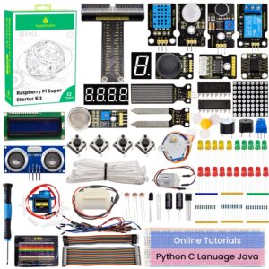 keyestudio super starter kit for raspberry pi 4 3 3b/3b/b+, tutorials c language python java code stem education kit, electronic components gpio breakout solderless breadboard lcd relay 5v dot matrix