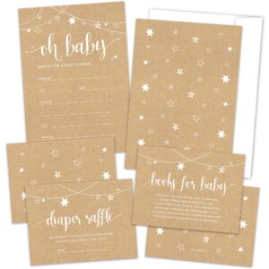 set of 25 rustic baby shower invitations gender neutral design - 25 baby shower invites for boy & girl, diaper raffle tickets, book request cards with envelopes - baby shower invitations vintage