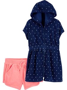 simple joys by carter's girls' hooded cover-up and shorts, navy dots/pink, 12 months