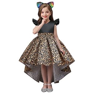 flower girl leopard high low tutu dress for kids baby wedding bridesmaid pageant party formal gown toddler princess communion birthday dresses with rainbow sequins ears headwear khaki 6-7 years