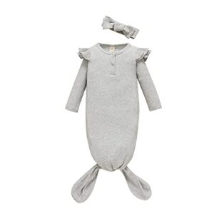 twopumpkin baby girl boy coming home knotted gown unisex newborn infant sleep onesie outfit cute baby winter pajamas (e ruffle ribbed gray, 0-3 months)