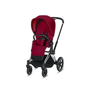 cybex e-priam complete stroller, smart assist technology, rocking mode, one-hand compact fold, reversible seat, smooth ride all-wheel suspension, true red seat with chrome/black frame