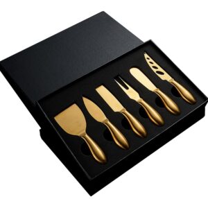 golden cheese knife set 6 piece, stainless steel cheese cutter, cheese spreader knife with ergonomic handle, cheese shaver and fork for holiday, birthday, wedding, party