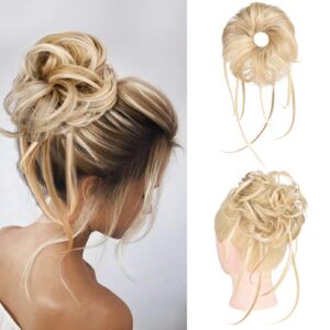 hoojih messy bun hair piece, super long tousled updo hair bun extensions wavy hair wrap ponytail hairpieces hair scrunchies with elastic hair band for women hb007 grace - blonde mixed