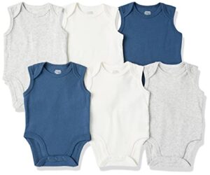 amazon essentials unisex babies' sleeveless bodysuits, pack of 6, navy/grey heather/white, newborn