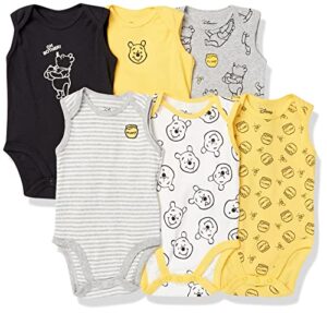 amazon essentials disney | marvel | star wars unisex babies' sleeveless bodysuits, pack of 6, winnie the pooh oh bother!, 24 months