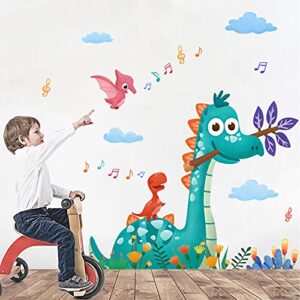 mfault large blue dinosaur wall decals stickers for baby boys girls, watercolor dino nursery decorations neutral bedroom playroom classroom art, animals toddlers kids room decor gifts