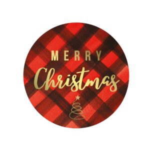 mobiusea creation merry christmas stickers | envelope seals | 1.4 inch | gold foil | red buffalo plaid labels| waterproof | 90-pack for christmas gifts, holiday stickers for envelopes, holiday cards