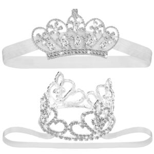 2 pieces baby crown baby tiara baby crown headband baby girl crown newborn crown for baby girl infant tiara princess tiaras for little girls birthday elastic hair band photography outfits (silver, white)