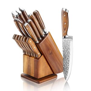 knife set, karcu 15-piece hammer kitchen knife block sets with sharpener german steel, rotating acacia block