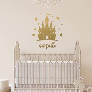 yokiki princess name with castle design for girls bedroom princess room decoration home decor personalized name wall decals, gold-3067-1